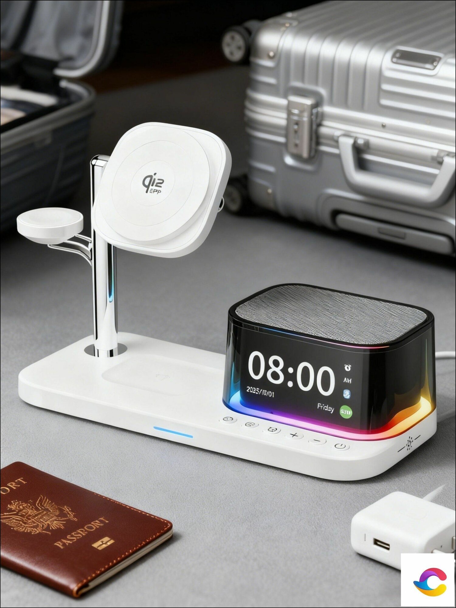 Беспроводная зарядная станция 5-в-1 для iphoneApple Watch AirPods Pro, совместимые с MagSafe, обеспечивают быструю зарядку мощностью 25 Вт со светодиодной подсветкой, аудиосистемой и будильником