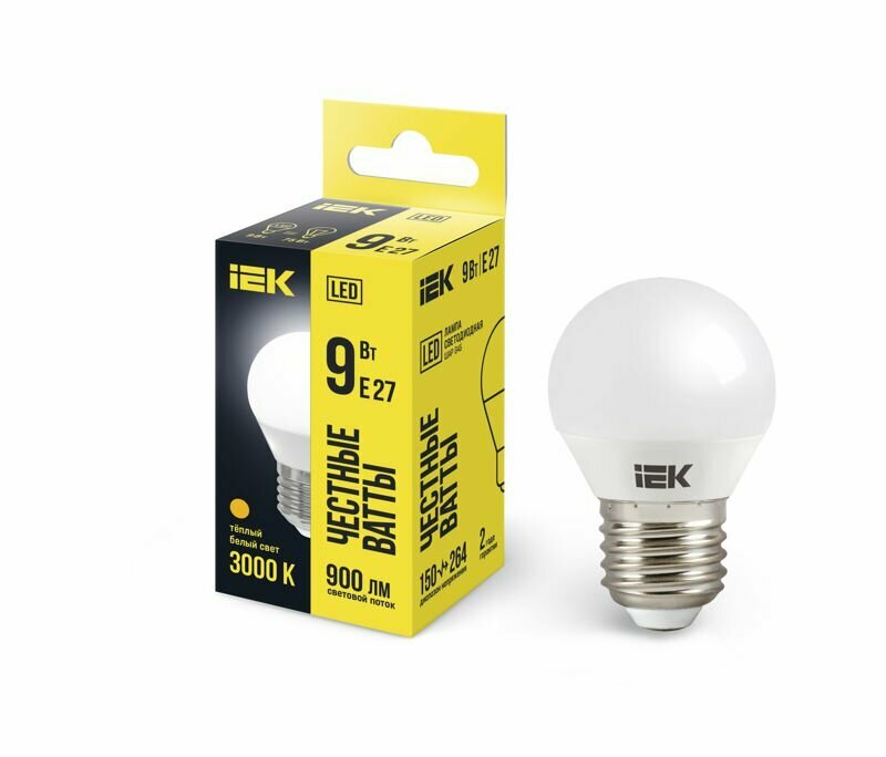 Лампа светодиодная G45 9Вт шар 3000К E27 230В IEK LLE-G45-9-230-30-E27