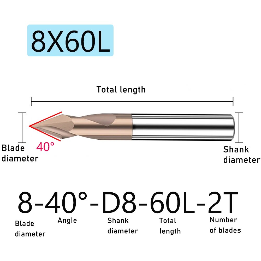 HRC58 Нож для снятия фаски, 40 градусов, твердосплавная фреза для снятия фаски, 3 4 5 6 8 10 12 мм, два лезвия, три лезвия, торцевая фреза для снятия заусенцев, гравировка 8X60LX2T