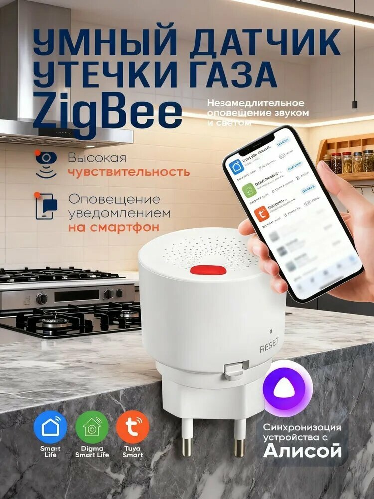 Умный Wi-Fi датчик природного газа PS-Link RQ400A со встроенной сиреной / площадь детекции 20кв. м / приложения Tuya,