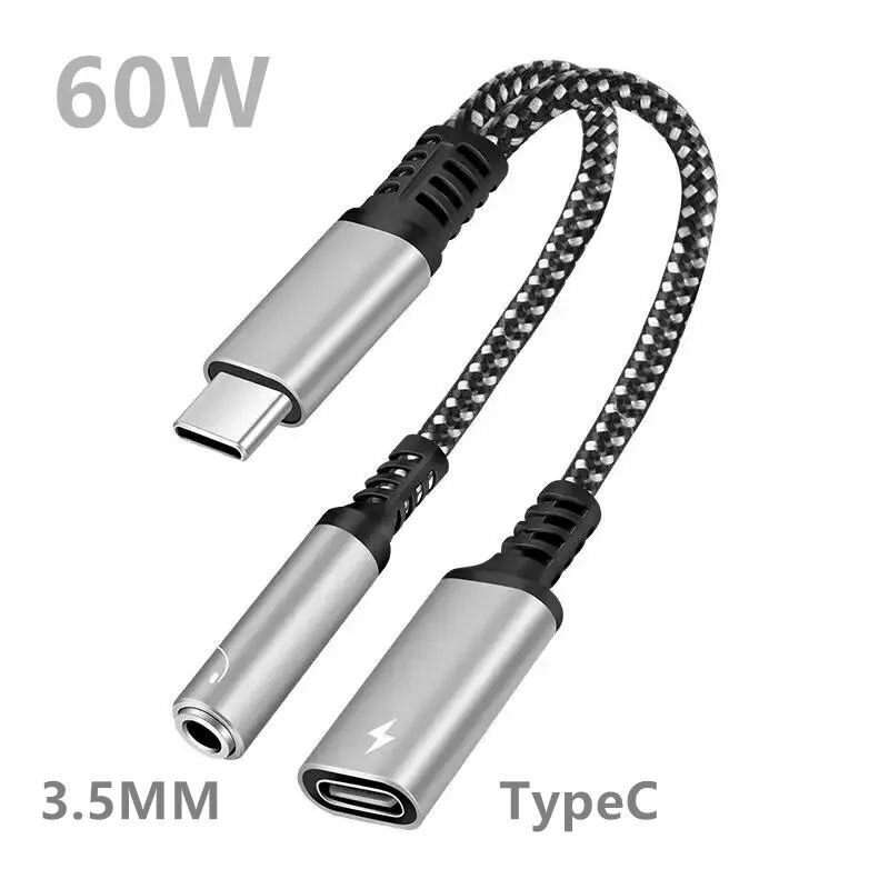 2in1 USB C Splitter для двойного типа Type C to 3.5mm Headphone Jack Аудио адаптер PD 60W Быстрое зарядное устройство для