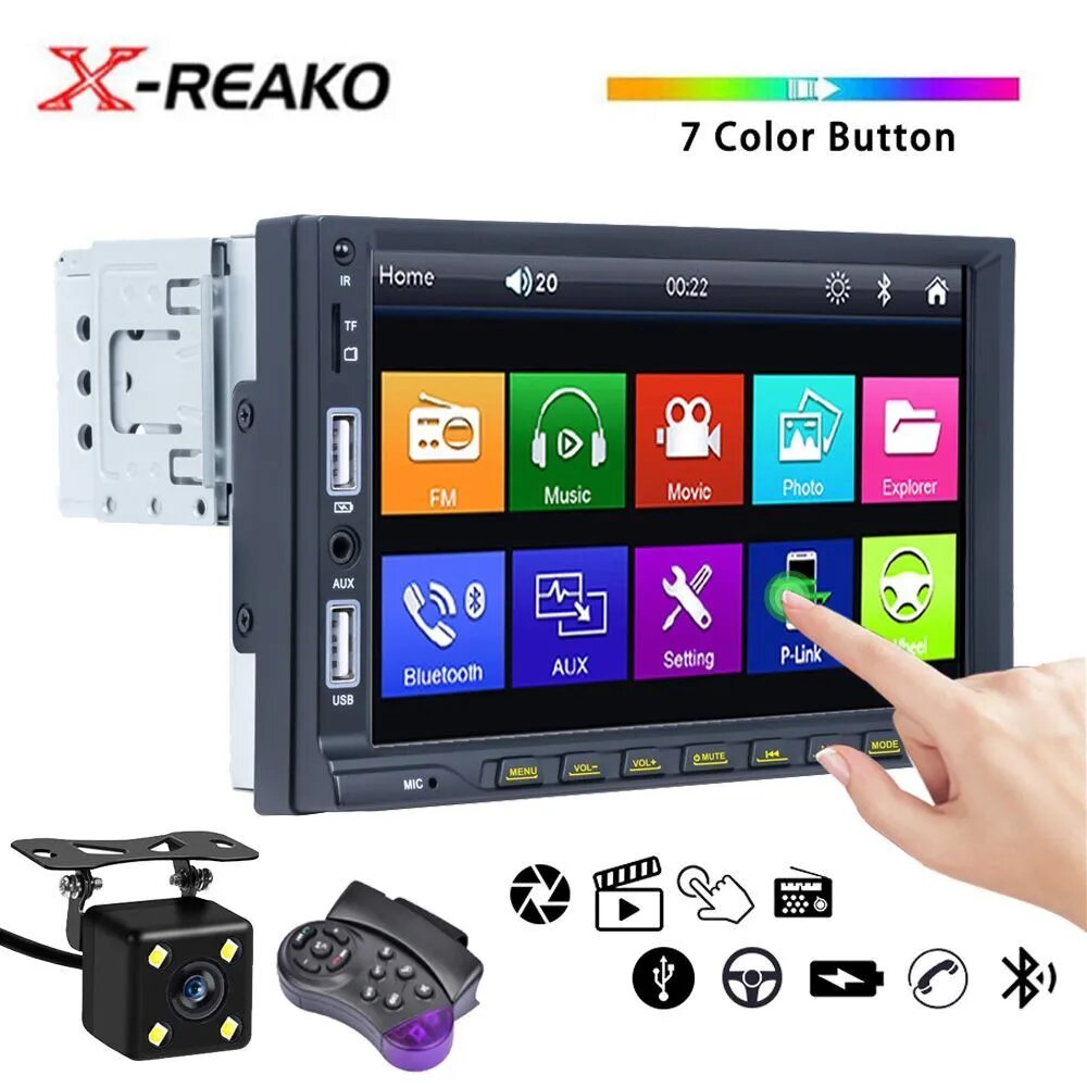 Автомагнитола X-REAKO 7 дюймов 1DIN 0.3 ГБ ОЗУ, Bluetooth, сенсорный экран, камера заднего вида