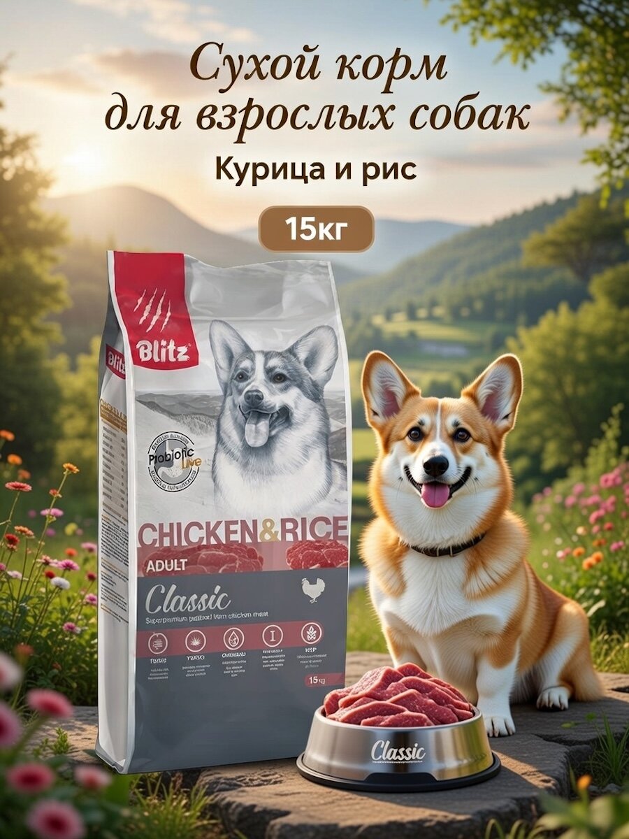 Сухой корм для собак Blitz Classic Chicken & Rice курица с рисом, 15 кг