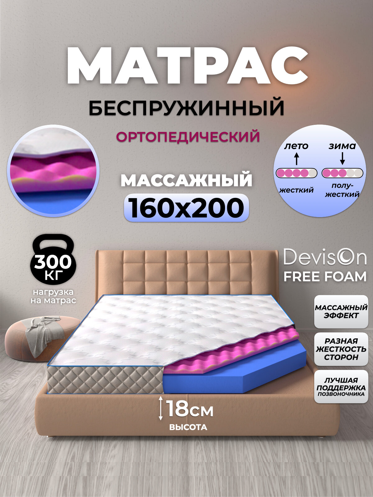 Матрас 160х200 беспружинный ортопедический Devison Free Foam