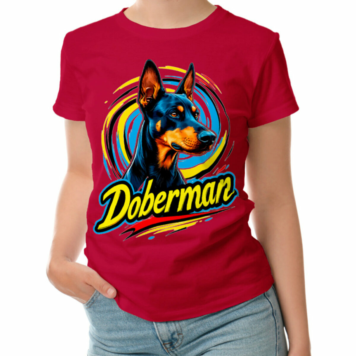 Женская футболка «Доберман в яркой графике» (красный, M)