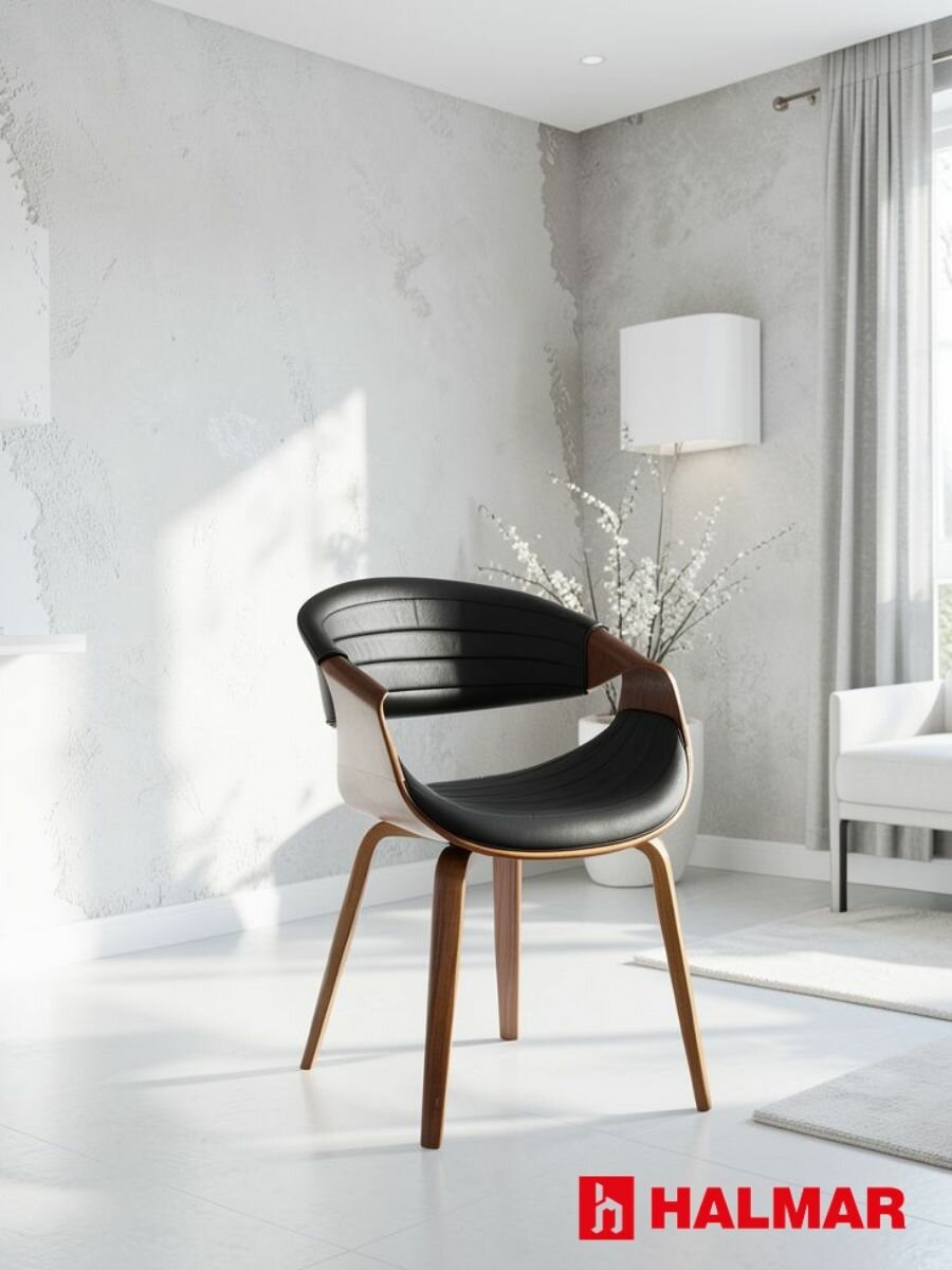 Кухонный стул HALMAR K544 чёрная экокожа, гнутая фанера орех