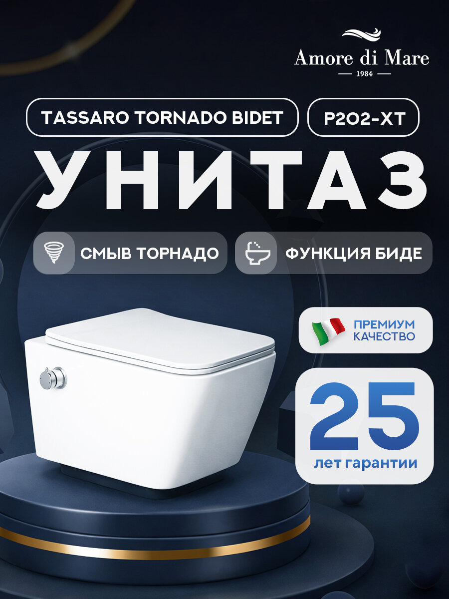 Унитаз подвесной безободковый Amore di Mare Tassaro Tornado Bidet P202-XT с функцией биде, прямоугольный белый, антивсплеск, фарфоровый, быстросъемное сиденье дюропласт с крышкой микролифт