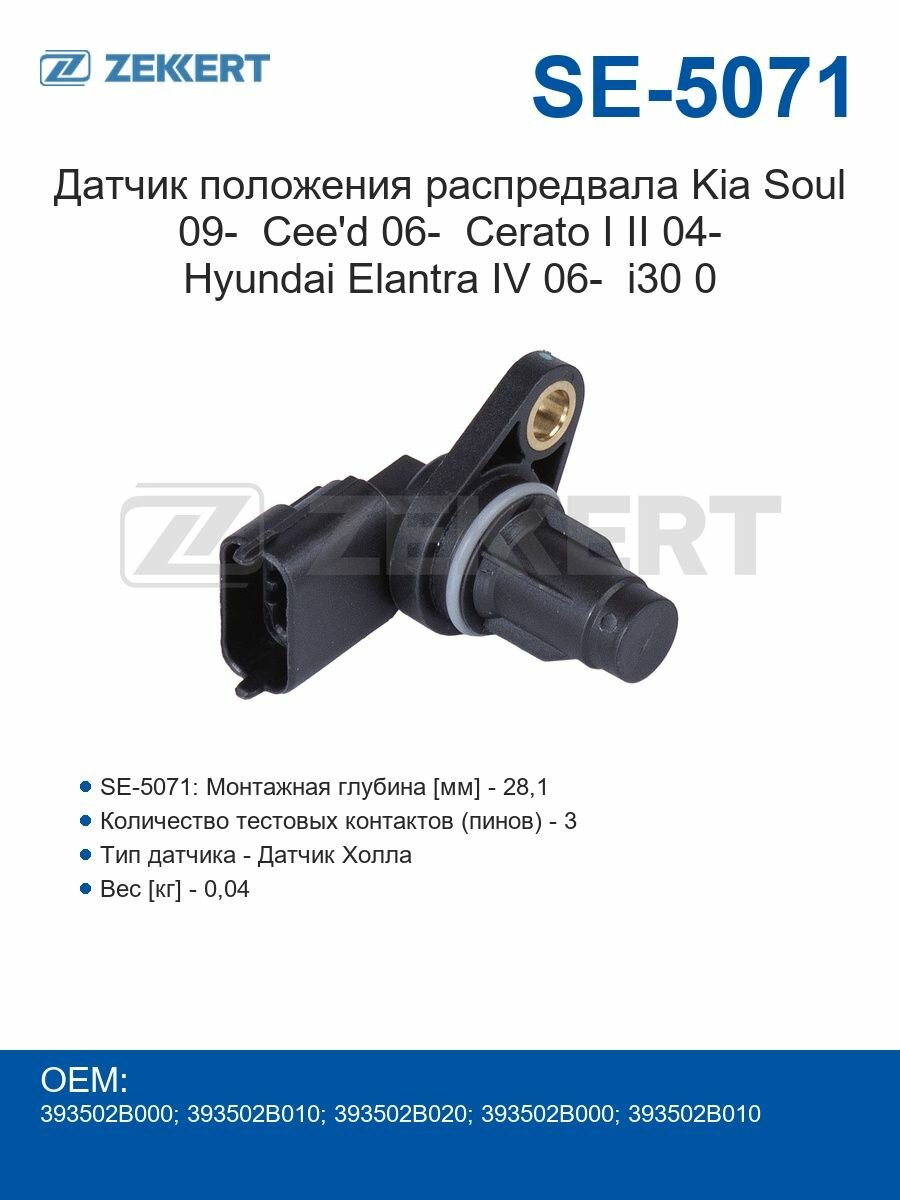 Zekkert Датчик положения распредвала Kia Soul 09- Cee'd 06- Cerato I II 04- Hyundai Elantra IV 06- i30 0