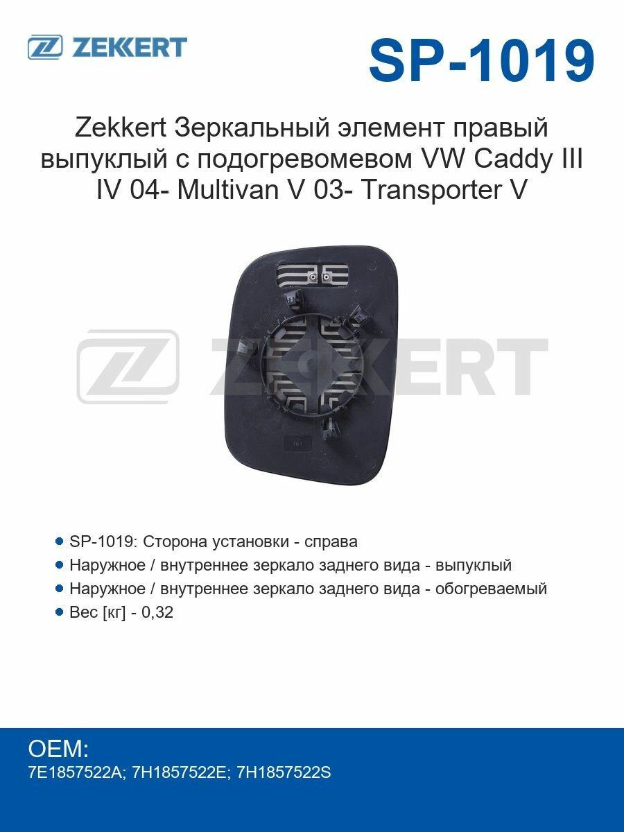 Zekkert Зеркальный элемент правый выпуклый с подогревом VW Caddy III IV 04- Multivan V 03- Transporter V