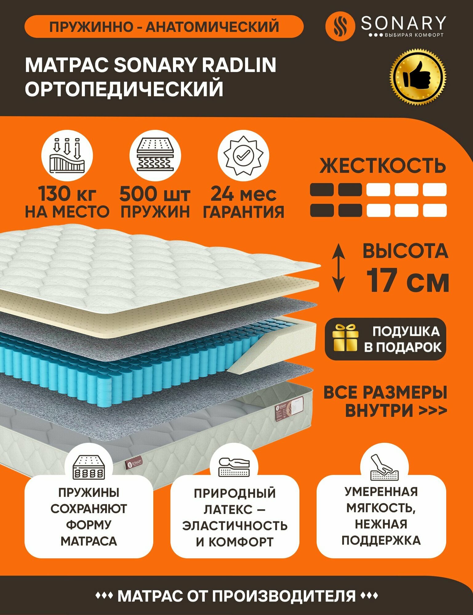 Матрас Sonary Radlin 135х190 серии Urban высота 17 см анатомический средней жесткости латексный Независимые пружины
