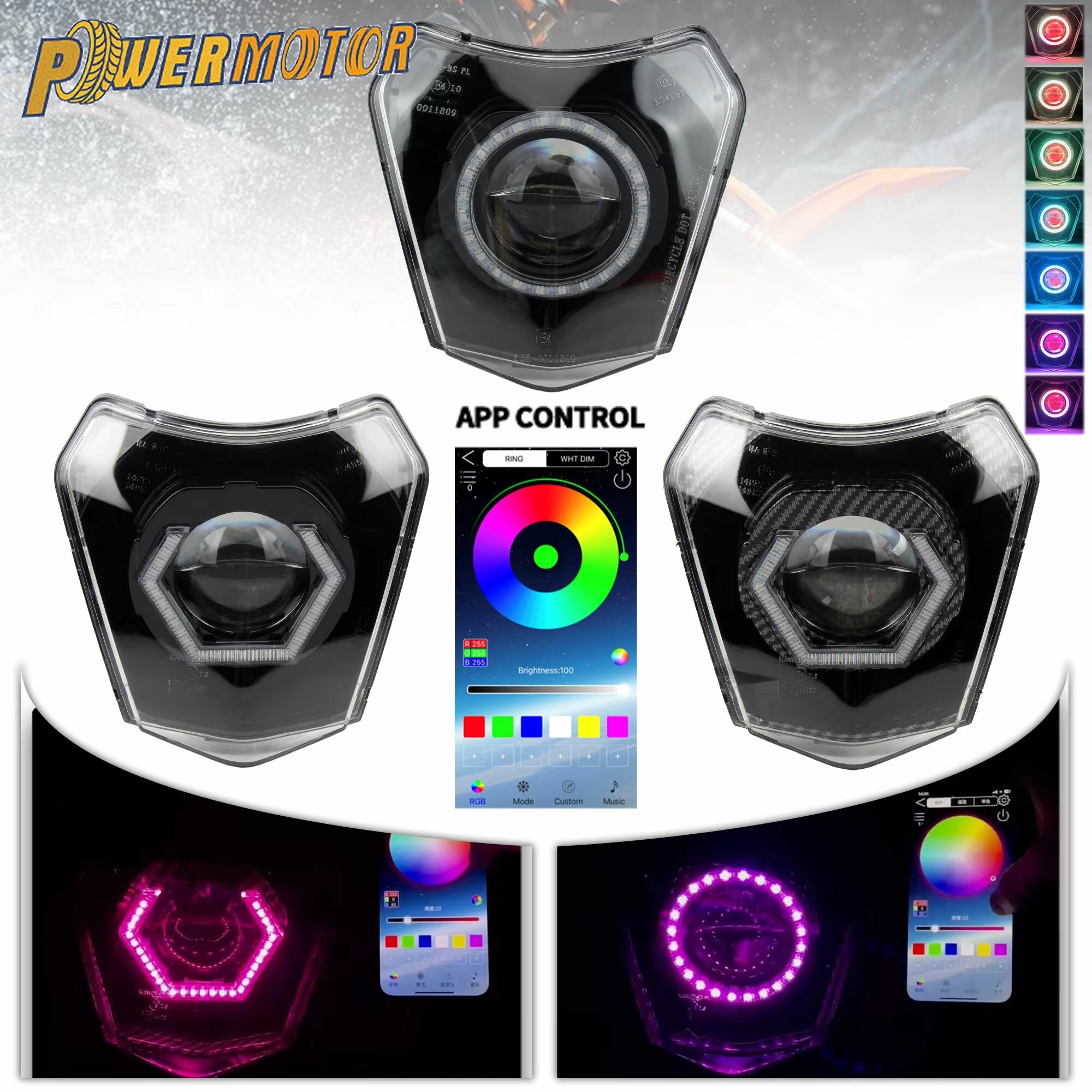 Светодиодная фара с ангельскими глазками RGB для KTM EXC/SX/XC/EXCF/TE/TC/FE/XCF (125–690), управление через приложение