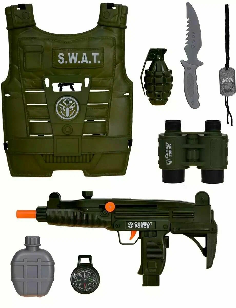 Военный набор для мальчика MILITARY автомат-трещотка с боекомплектом, 8 предметов, игровой набор военной камуфляжной формы для детей, хаки