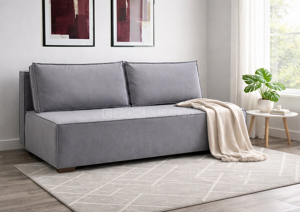 Диван Сток Диванов Лофт-мини, серый велюр, 203 см, механизм еврокнижка, с ящиком для хранения