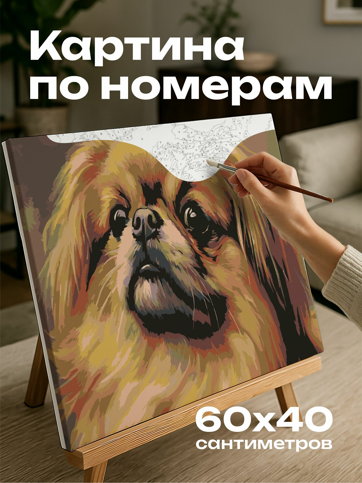 Картина по номерам 60x40 см, Пекинес, масляная картина, золотистые тона, роскошная шерсть, величественный вид, величие