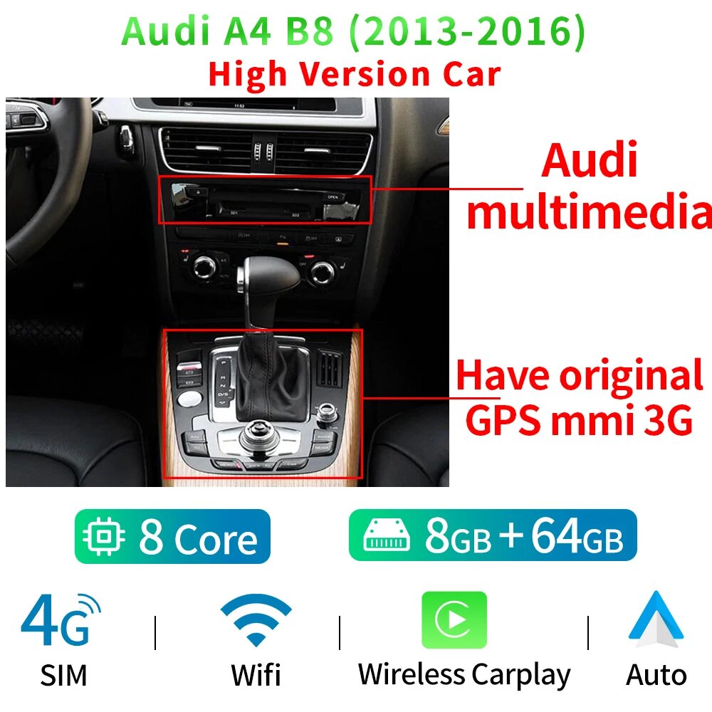 WIFI SIM Android 13 Автомобильный мультимедийный плеер Carplay для Audi A4 B8 13-16 HIGH 8-64GB