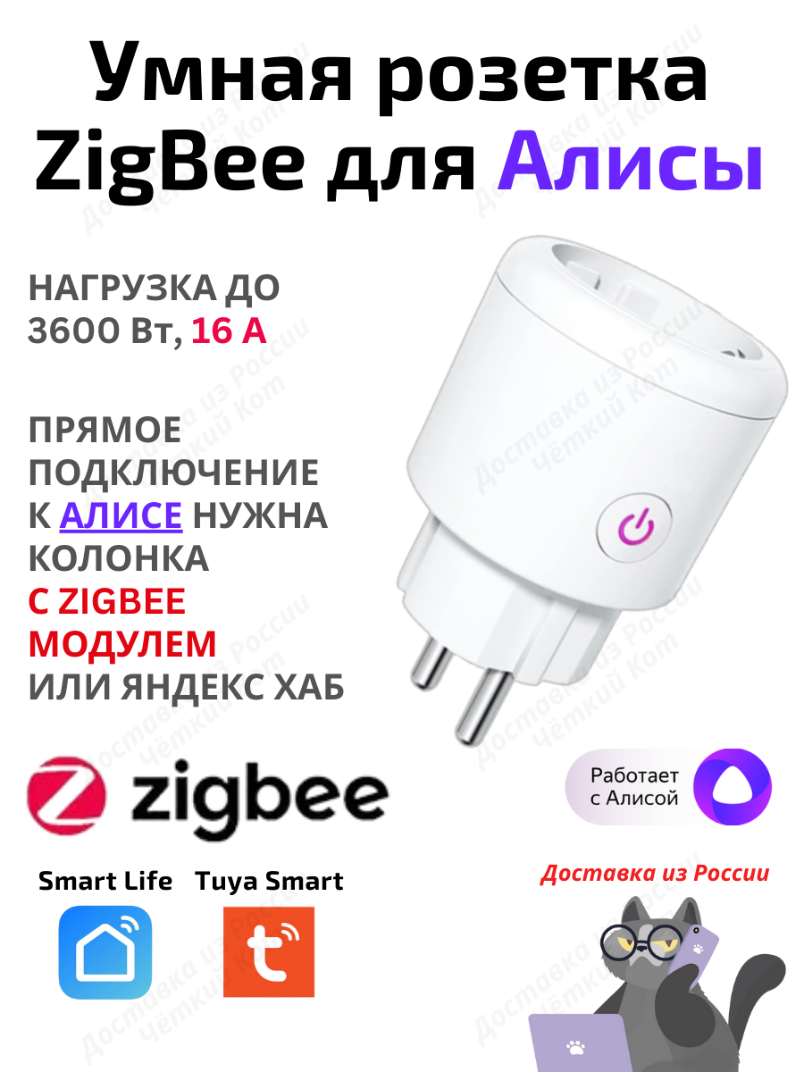 Розетка Tuya ZigBee, белая, 16 А, голосовое управление, для Алисы