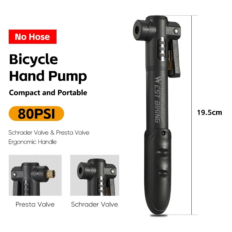 Портативный ручной насос West Biking 100psi для велосипедов Basic 80PSI No Hose