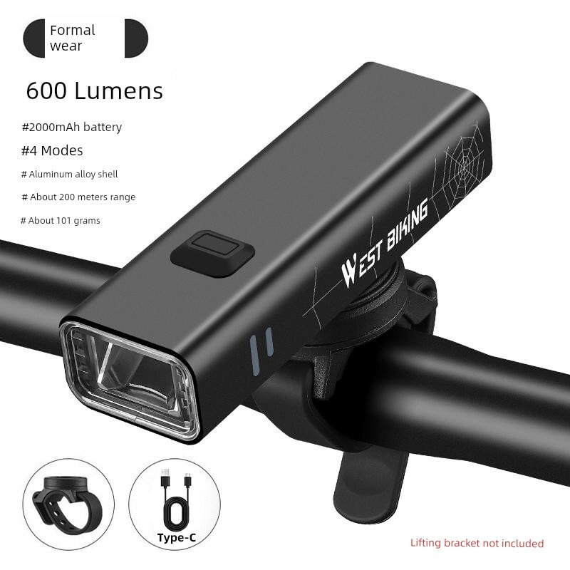 Черный USB-заряжаемый велосипедный фонарь с алюминиевым корпусом, 600 люменами и аккумулятором 2000 мАч