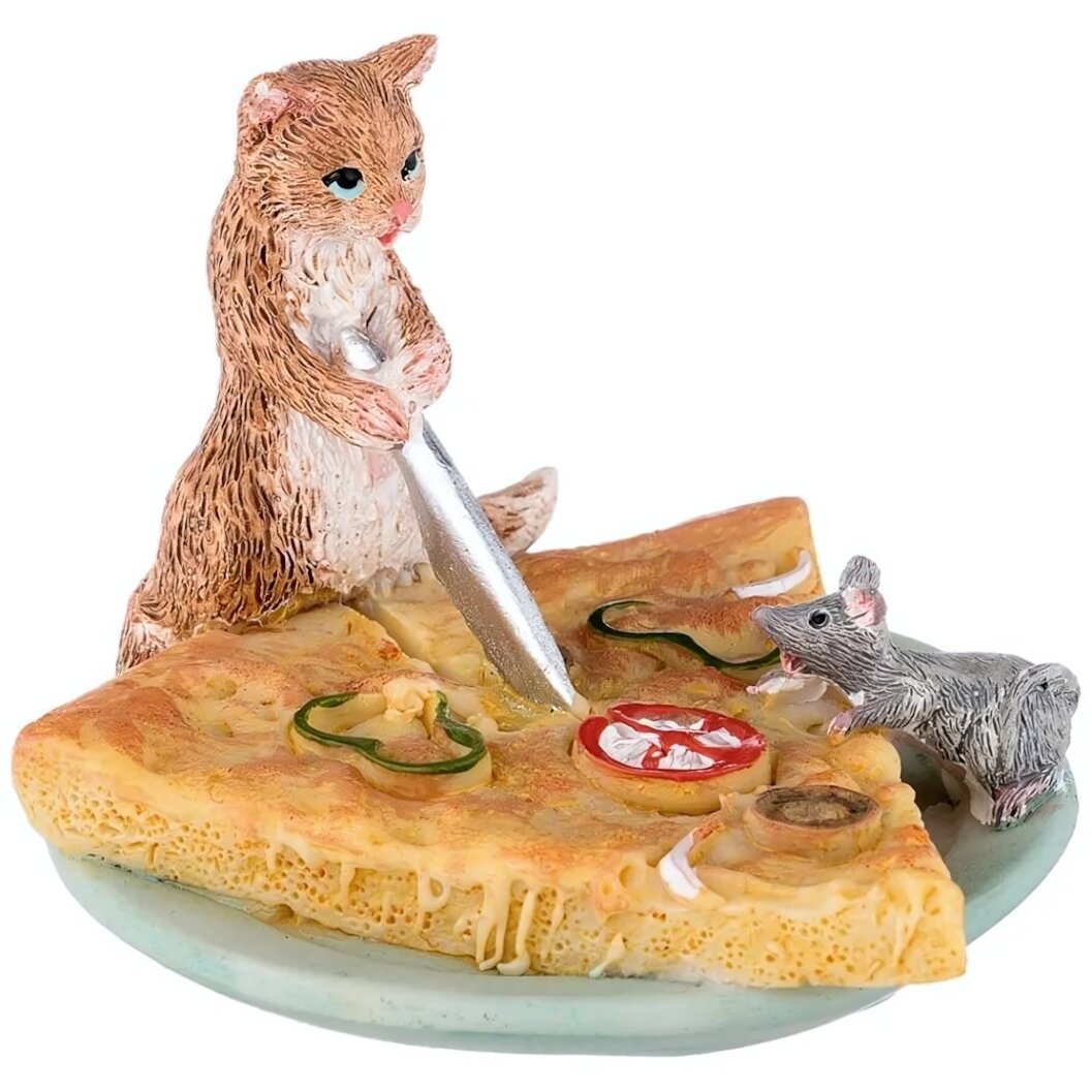 Фигурка декоративная кошка и мышка на пицце 8,5х7х5,5 см, для интерьера и подарка