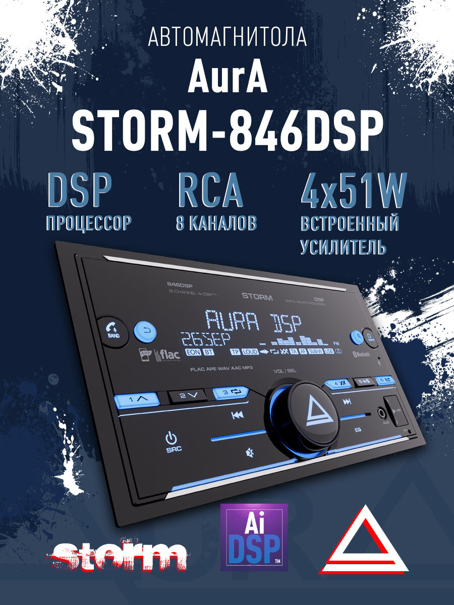 Магнитола автомобильная процессорный 2-DIN BT/USB ресивер AurA STORM-846DSP