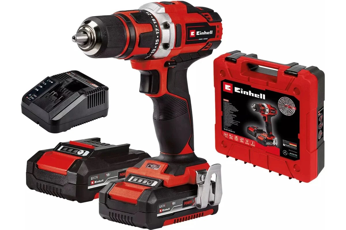 Дрель аккумуляторная Einhell PXC TE-CD 18/40-1 Li, 18В,40Нм, патрон 13мм,2x2,0Ач, кейс 4514228