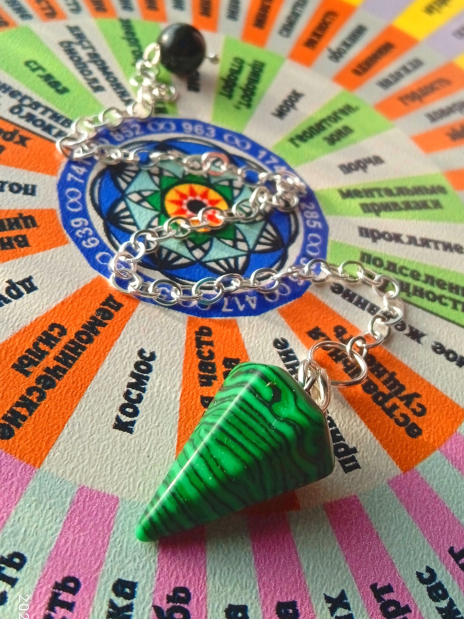 Подвеска Маятник Пирамида Малахит 2 см на цепочке 18 см, биолокация, гадание, диагностика, поиск клада