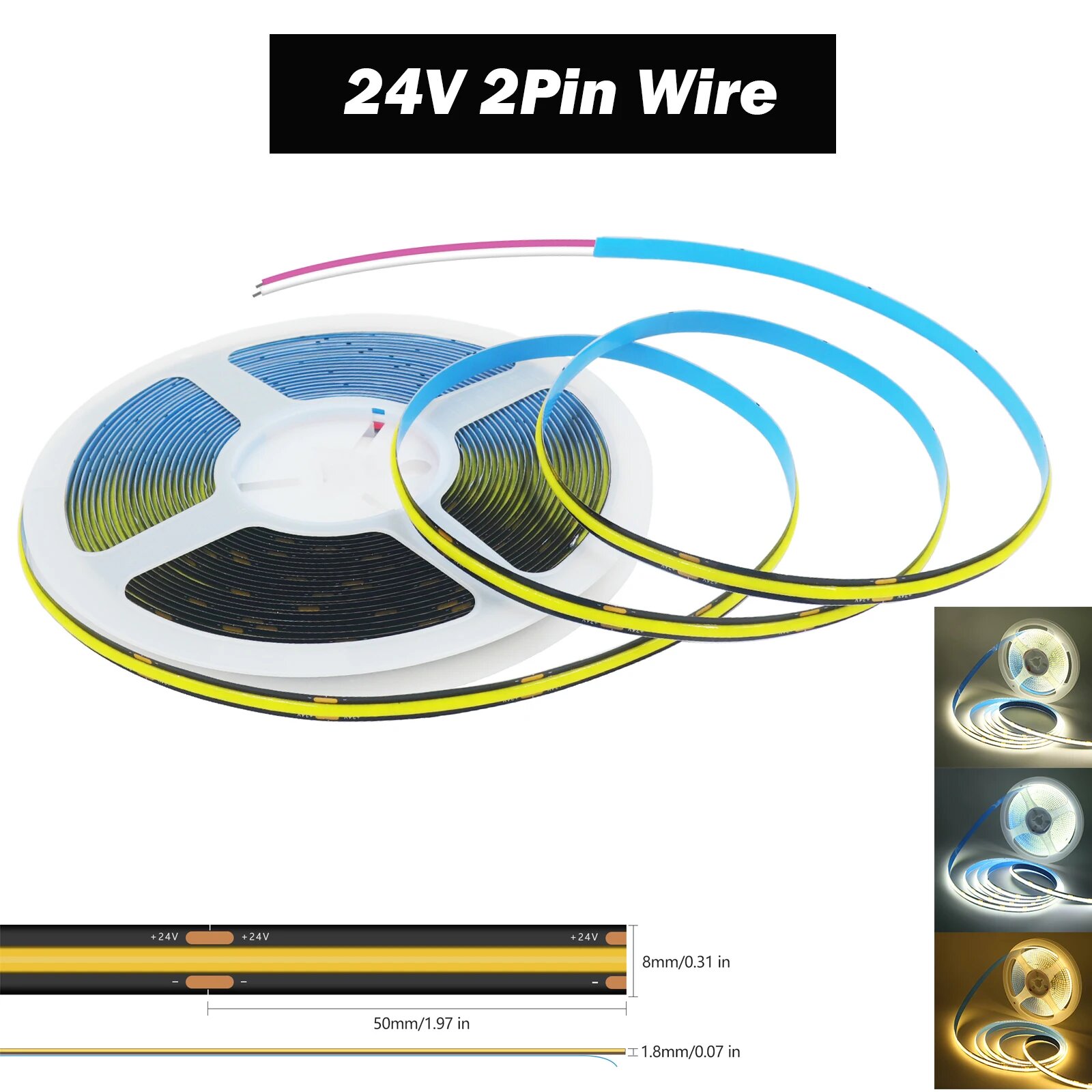 COB светодиодная лента 320 светодиодов/м 12В/24В тёплый белый 24V 2Pin Wire, Natural 4000K-4500K, 3M