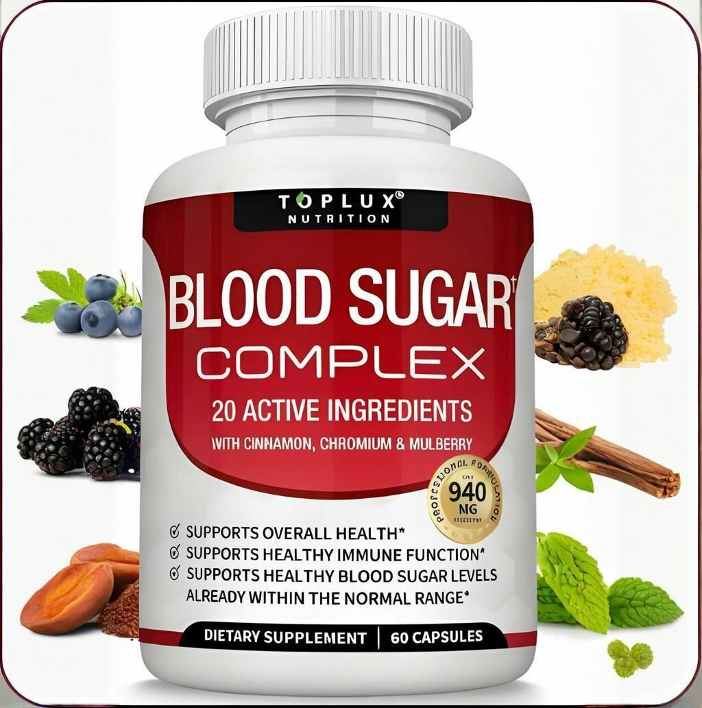 TOPLUX NUTRITION BLOOD SUGAR COMPLEX 20 активных ингредиентов с корицей, хромом и шелковицей. Поддерживает здоровый уровень сахара в пределах нормы, улучшает иммунитет и обмен веществ. 940 мг