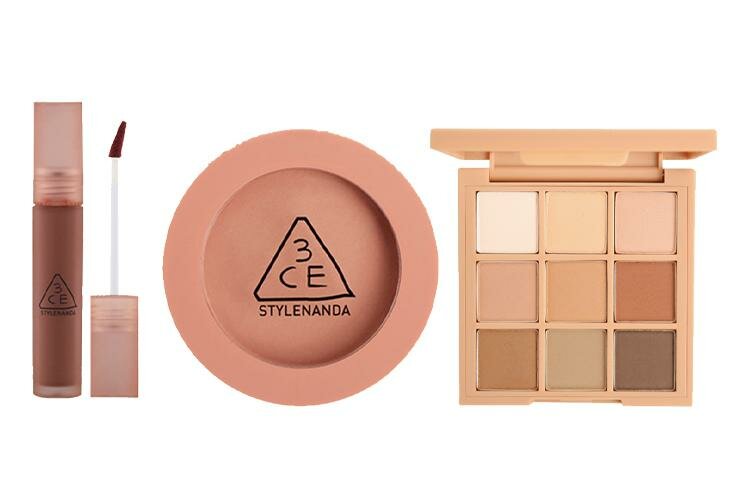Набор женский 3CE помада, палетка теней, румяна бархатистая натуральная матовая легкая в растушевке