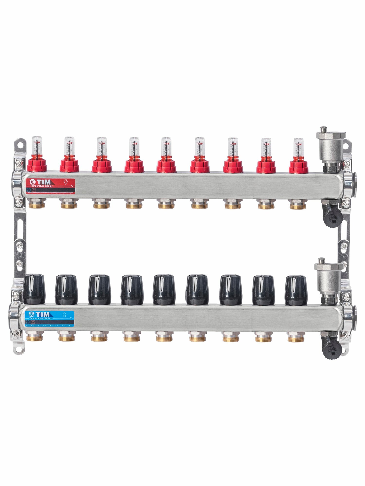 Коллекторная группа 9 контуров с расходомерами 1" * 3/4" E, с дренажными кранами и воздухоотводчиками нерж. сталь, TIM, KCS5009