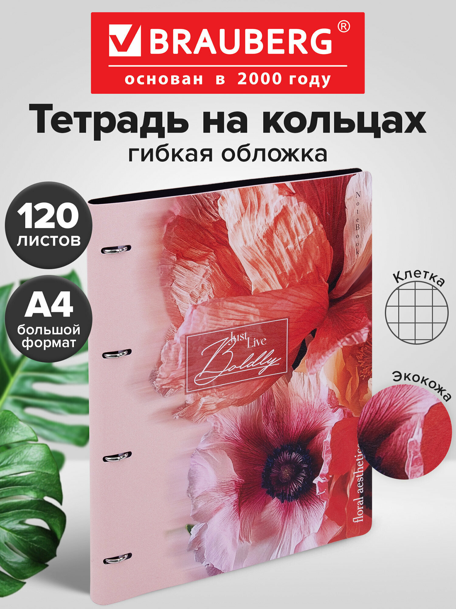 Тетрадь на кольцах А4 в клетку со сменным блоком 240х310 мм 120 листов, обложка под кожу, Bloom, Brauberg Vista, 405205