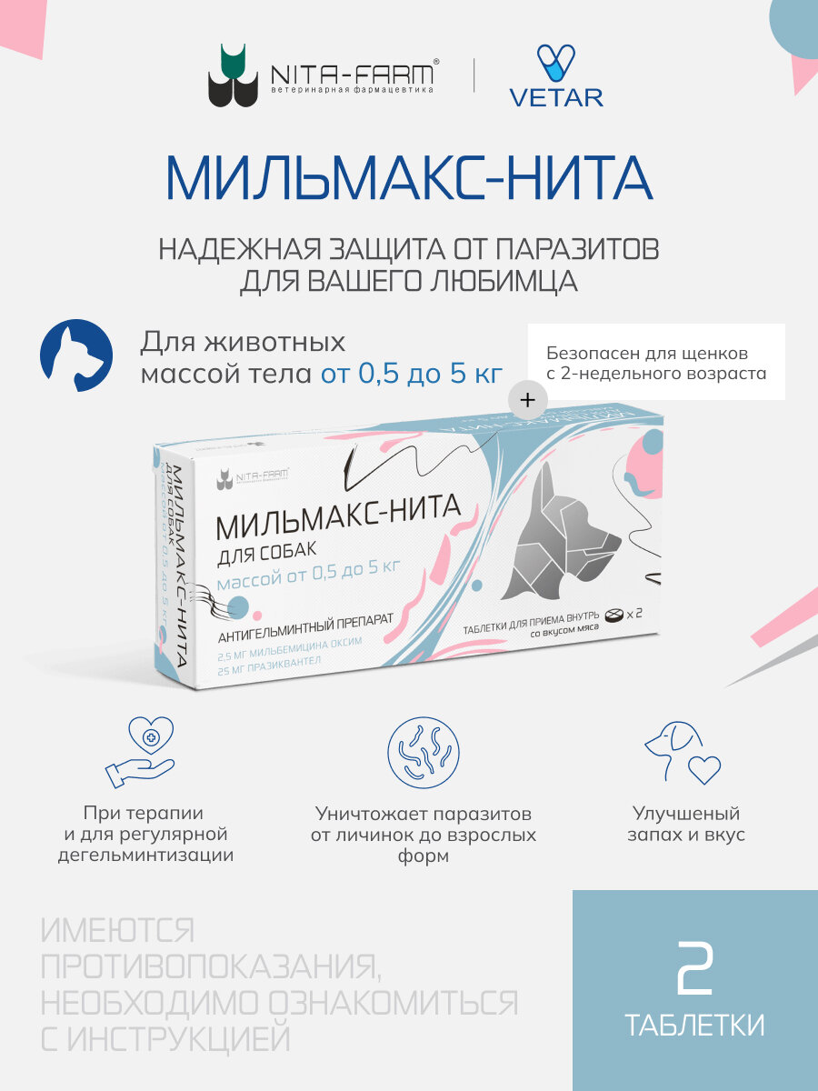 Таблетки NITA-FARM "Мильмакс-Нита", для собак весом 0,5-5 кг, 2 шт