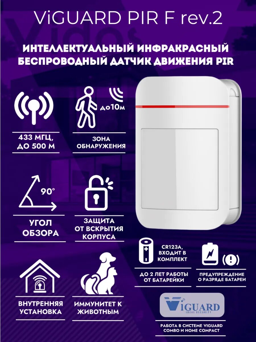 Детектор движения ViGUARD PIR F rev.2, беспроводной ИК, угол 90 градусов