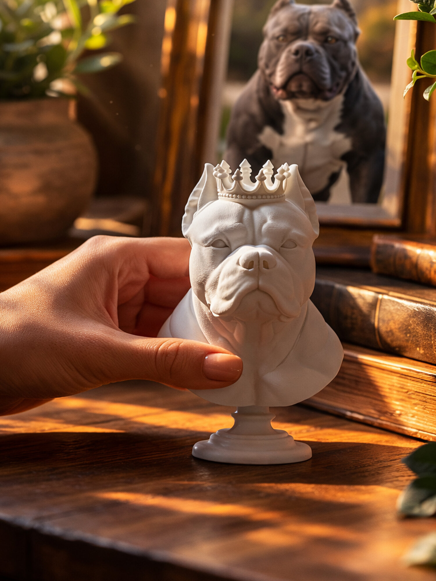 Статуэтка бюст собаки (Американский булли в короне). Декоративная фигурка для интерьера. 14см