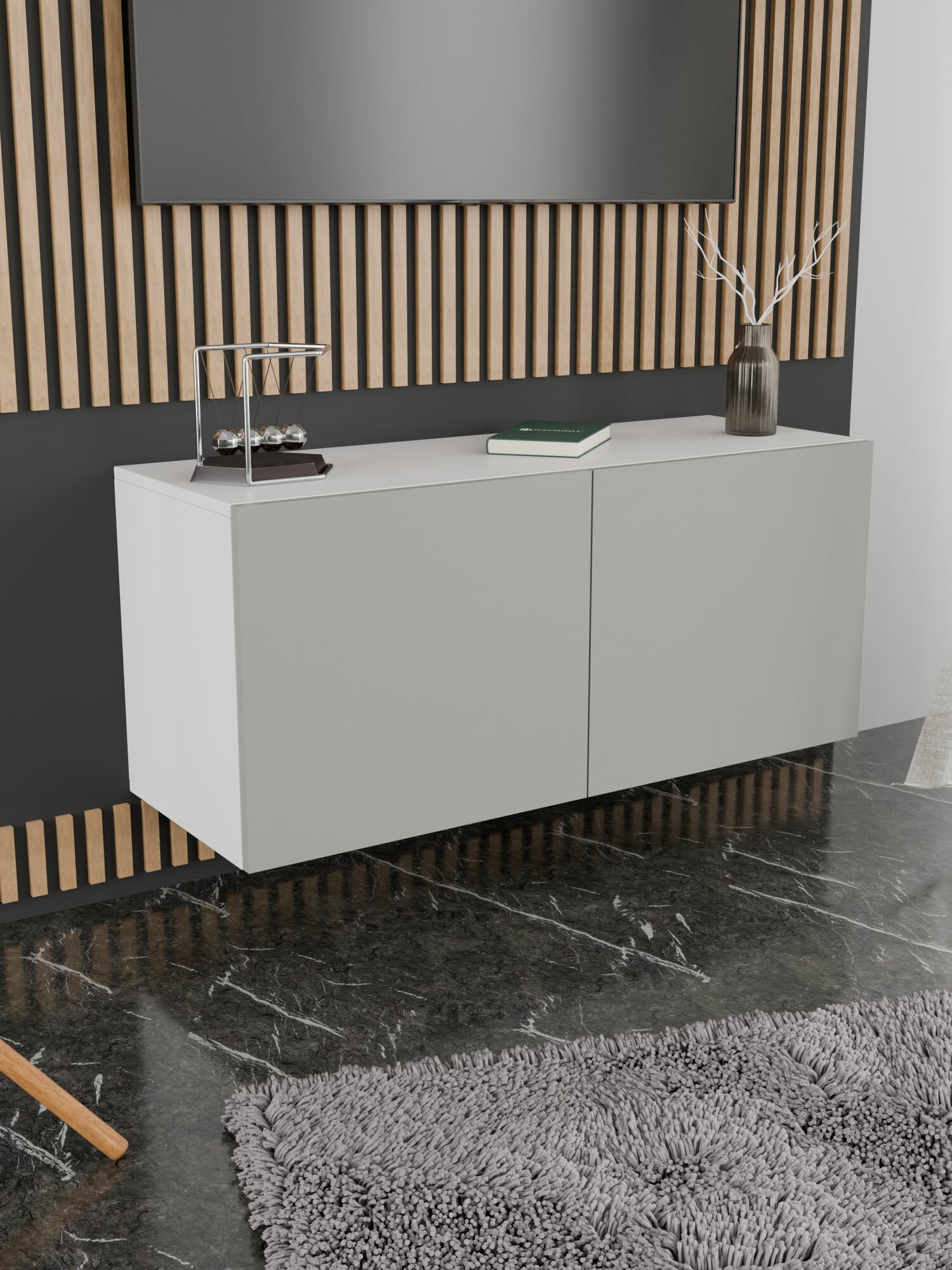 Изумлит Тумба под телевизор Вертикаль Лайт подвесная 100х44х36 см, белый-шиншилла серая