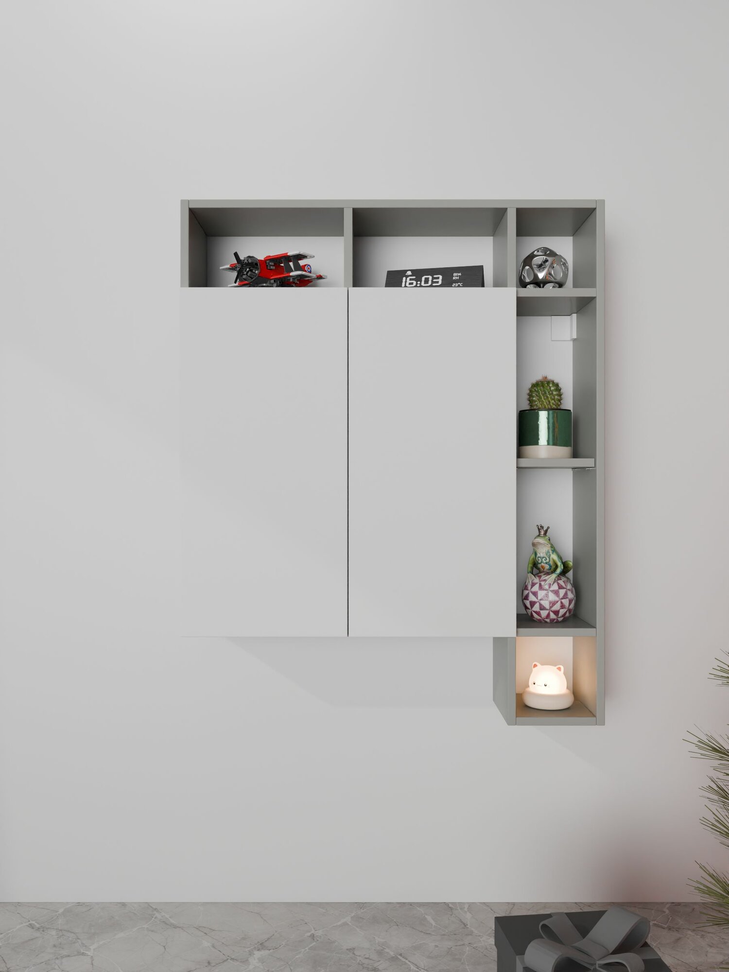 Изумлит Полка навесная закрытая, модуль Эра 98.3х79.3х21.6 см, шиншилла серая-белый