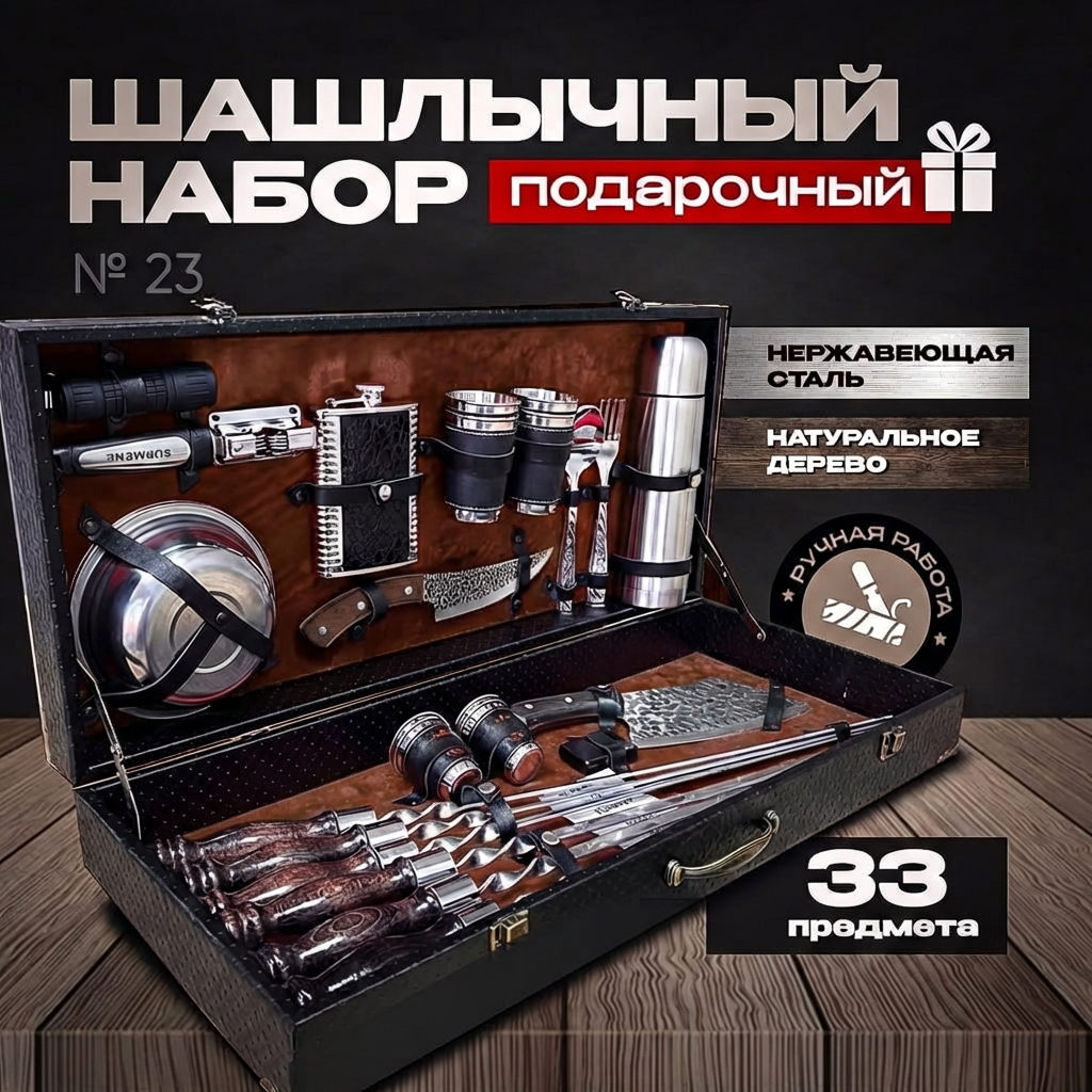 Шашлычный набор в подарочном кейсе №23 (коричневый велюр)