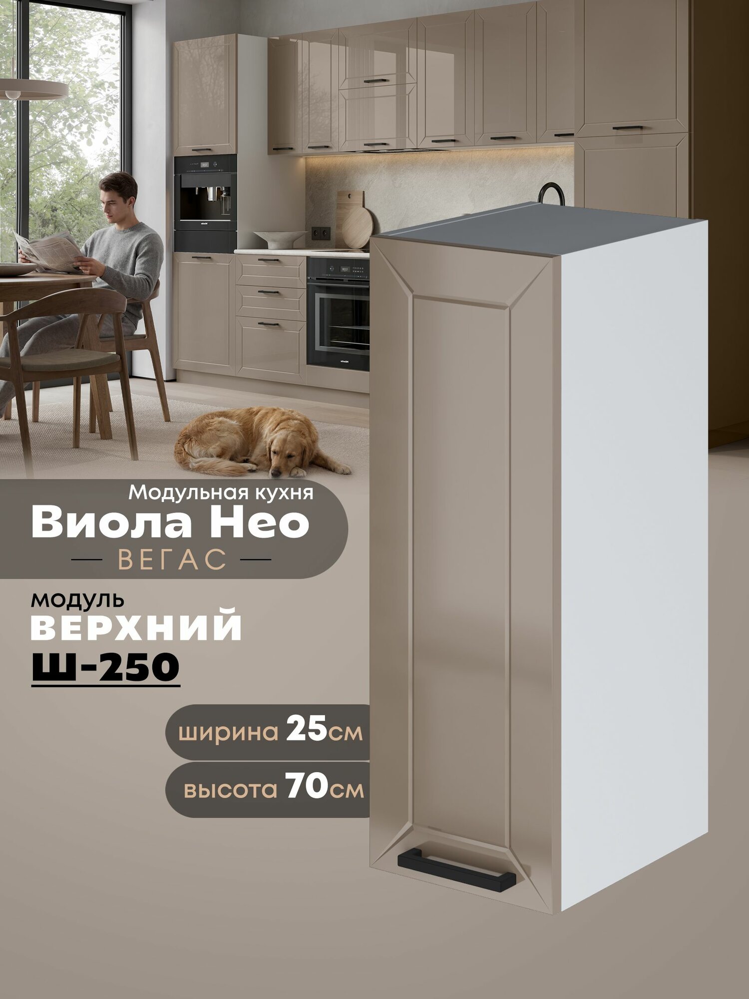 Кухонный навесной модуль Виола Нео Вегас Ш-250 (Кофе с молоком/Белый шагрень) высота 70,6см