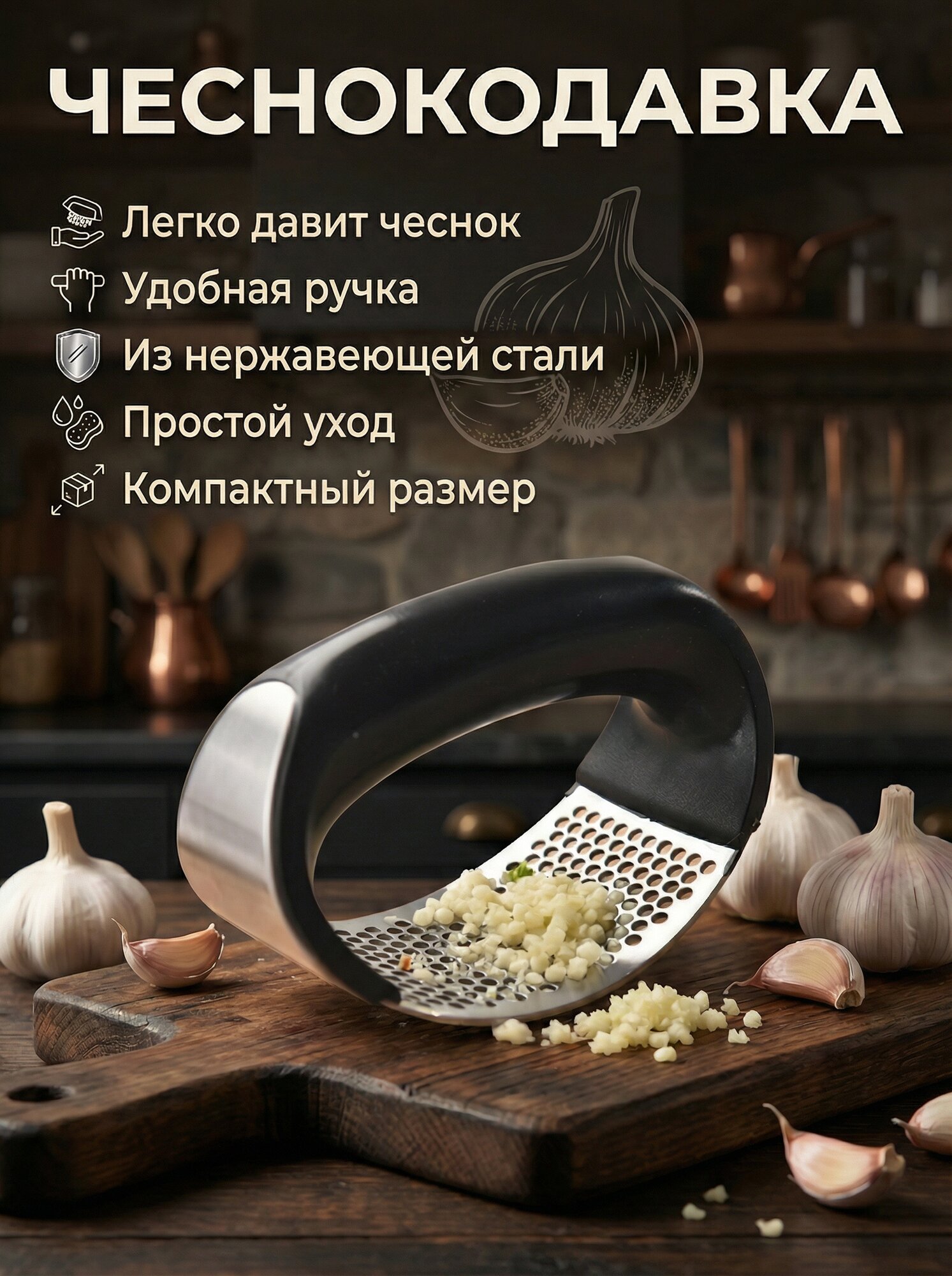 Чеснокодавилка, пресс для чеснока, нержавеющая сталь/пластик, цвет чёрный