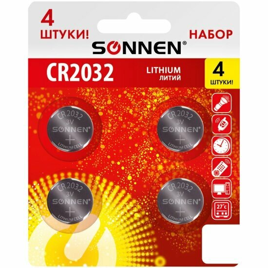Sonnen Батарейки литиевые Lithium CR2032, "таблетки, дисковые, кнопочные", комплект 4 шт, блистер, 457142