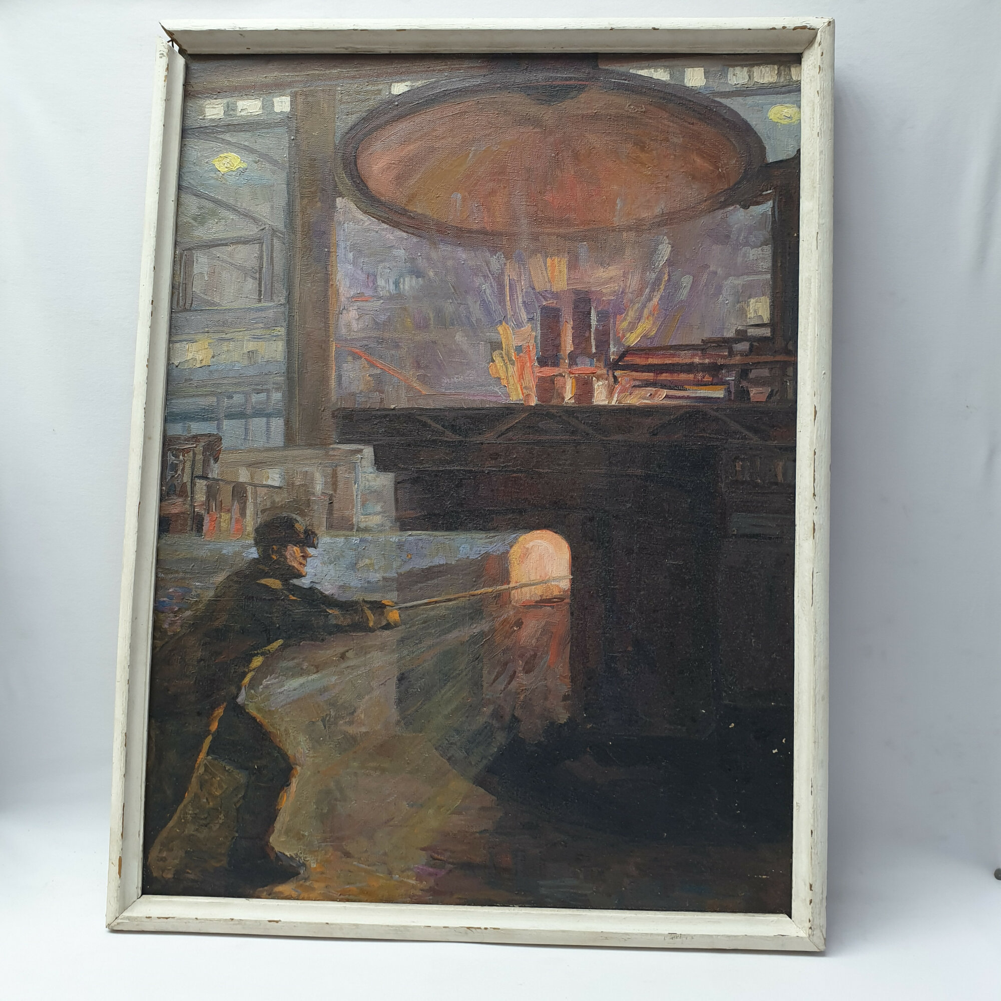 Винтажная картина Соцреализм Сталевар, холст, масло, 55х75 см. СССР.