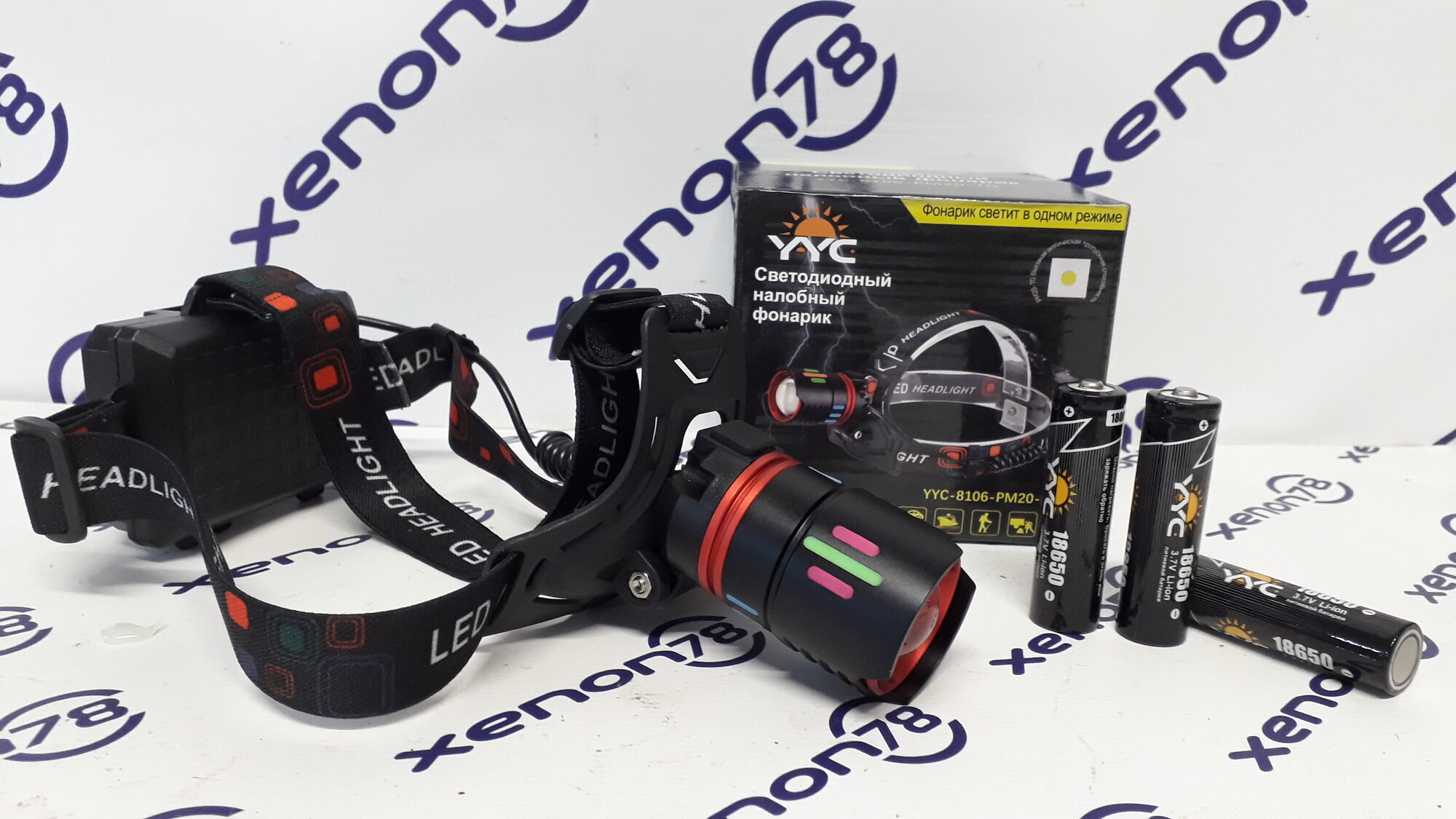 Светодиодный, налобный фонарик YYC-8106-PM20-TG (3 аккумулятора 18650, 18000 mAh, USB, 1 режим, индикация заряда) - 1 шт