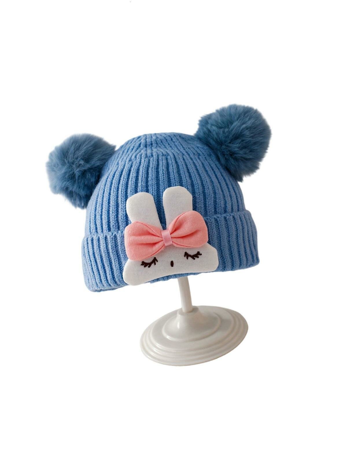 Детская шапочка-бини с помпоном и кроликом, Синий