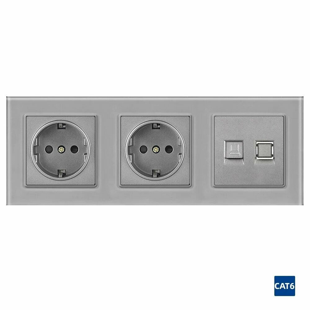 Розетка с заземлением 220В +розетка компьютерная rj45, 3 поста рамка закаленное стекло серый