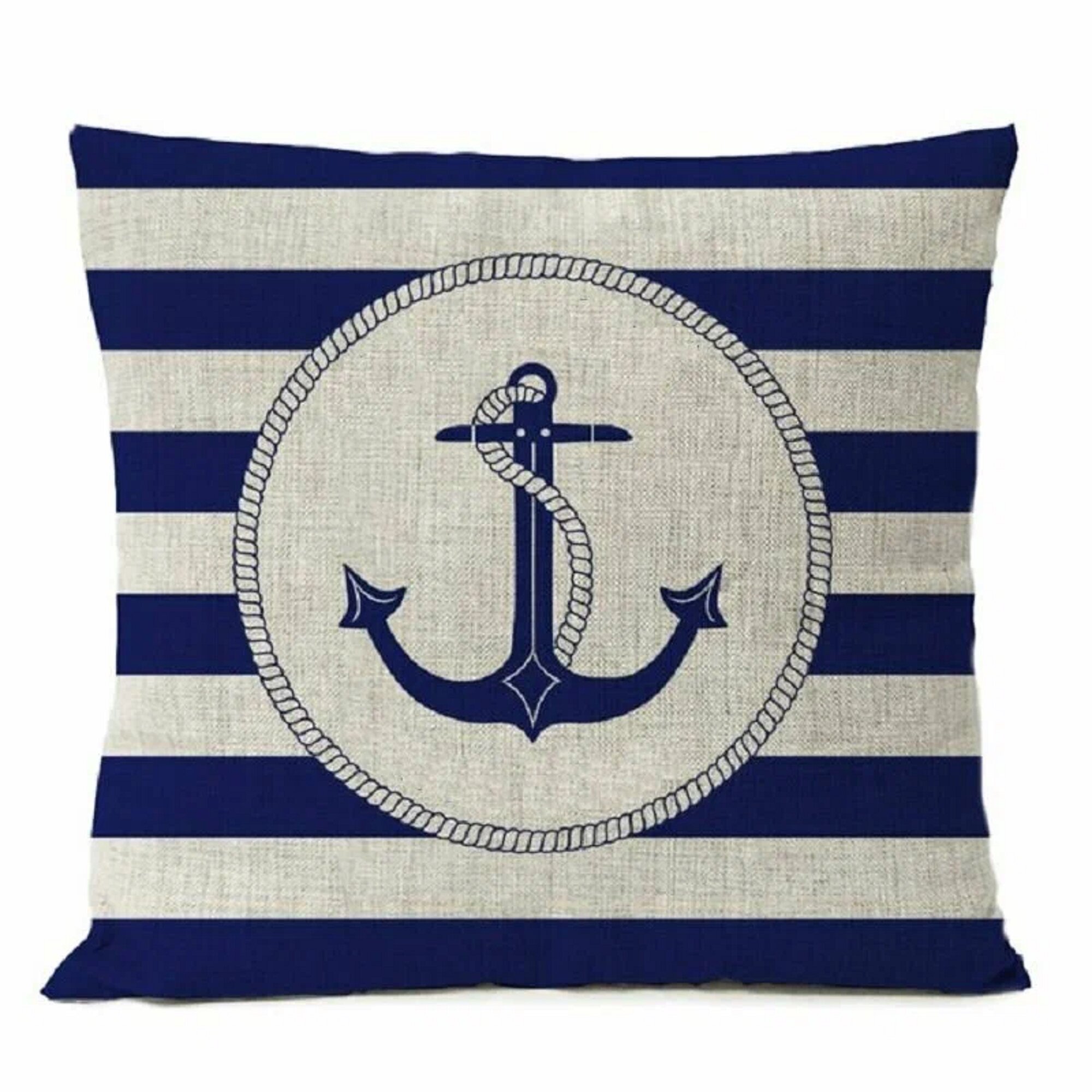 Чехол для подушки Якорь синий полосатый фон Морская Велюр 40х40