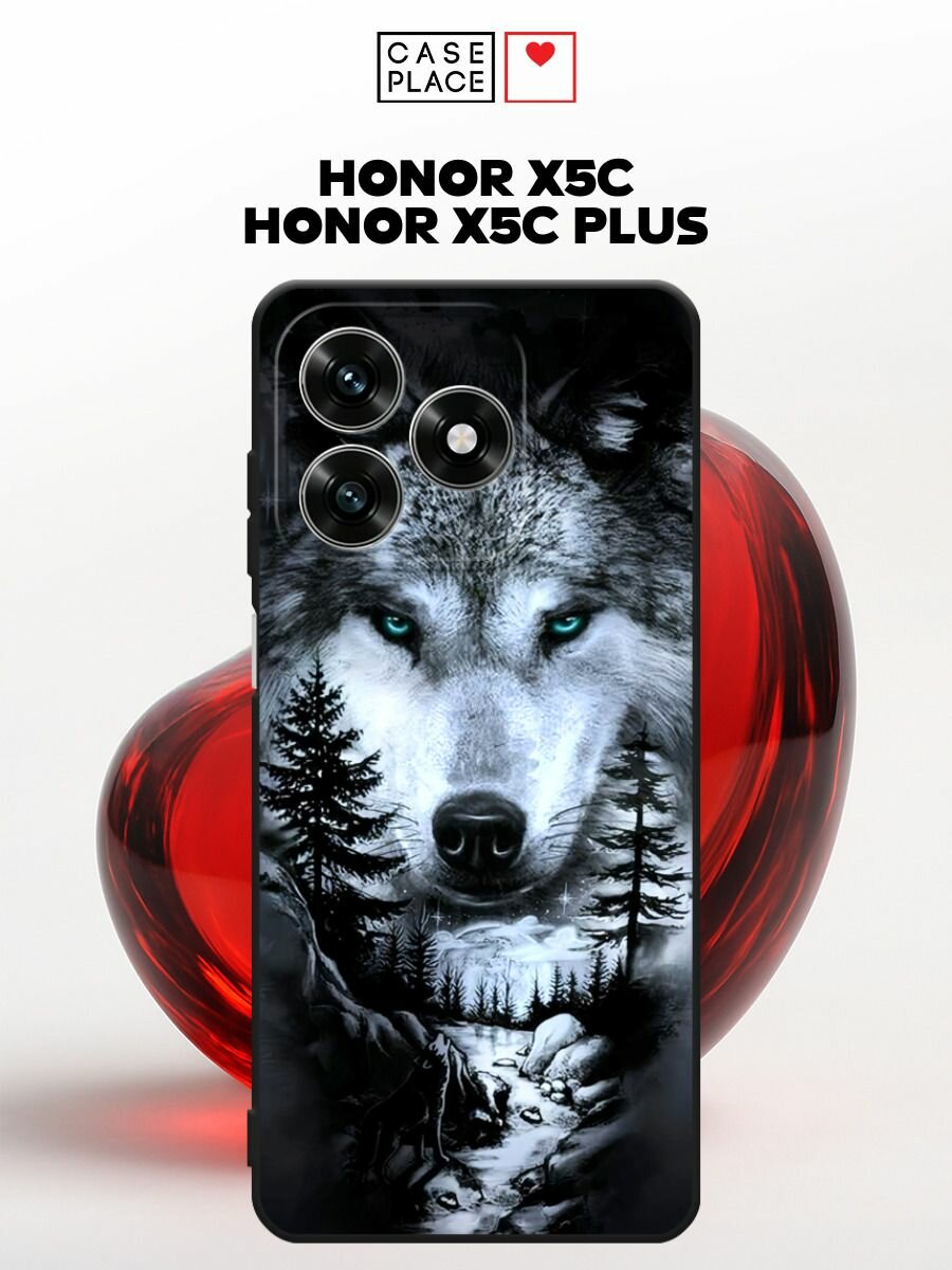 Черный матовый чехол на Honor X5c/X5c Plus / Хонор X5c/X5c Плюс с принтом Волк в зимнем лесу