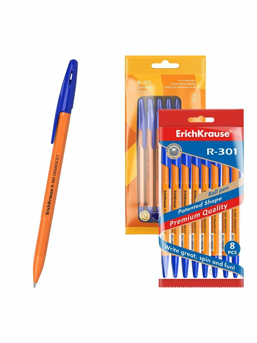 8 ручек шариковых R-301 Stick Orange 0.7, синих