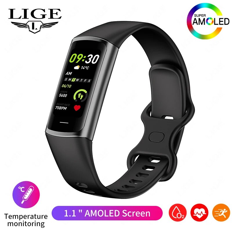 Черный фитнес-браслет LIGE с AMOLED экраном 1.1"