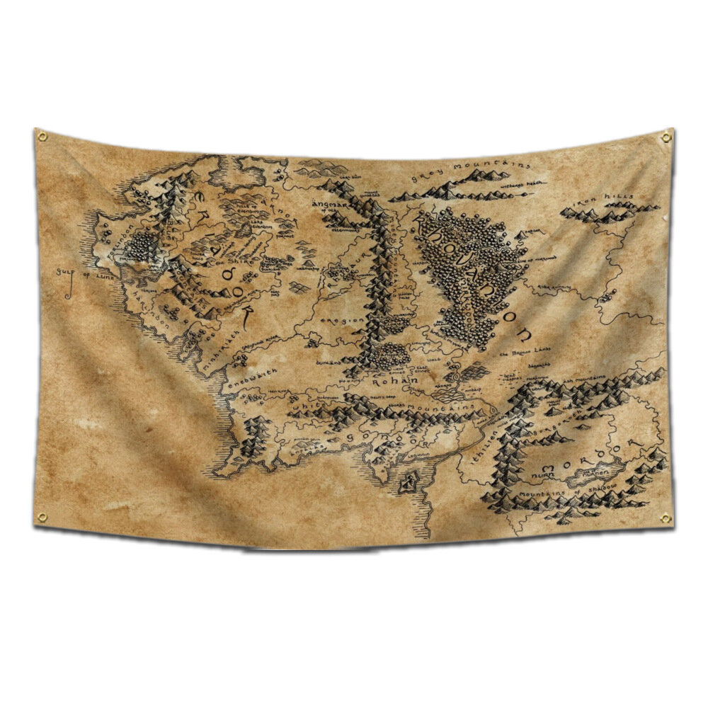 Флаг с картой Средиземья — полиэстеровый баннер 90x150 см с детальным изображением карты из «Властелина колец», флагшток в комплект не входит, идеально подходит для поклонников фэнтези и приключений.