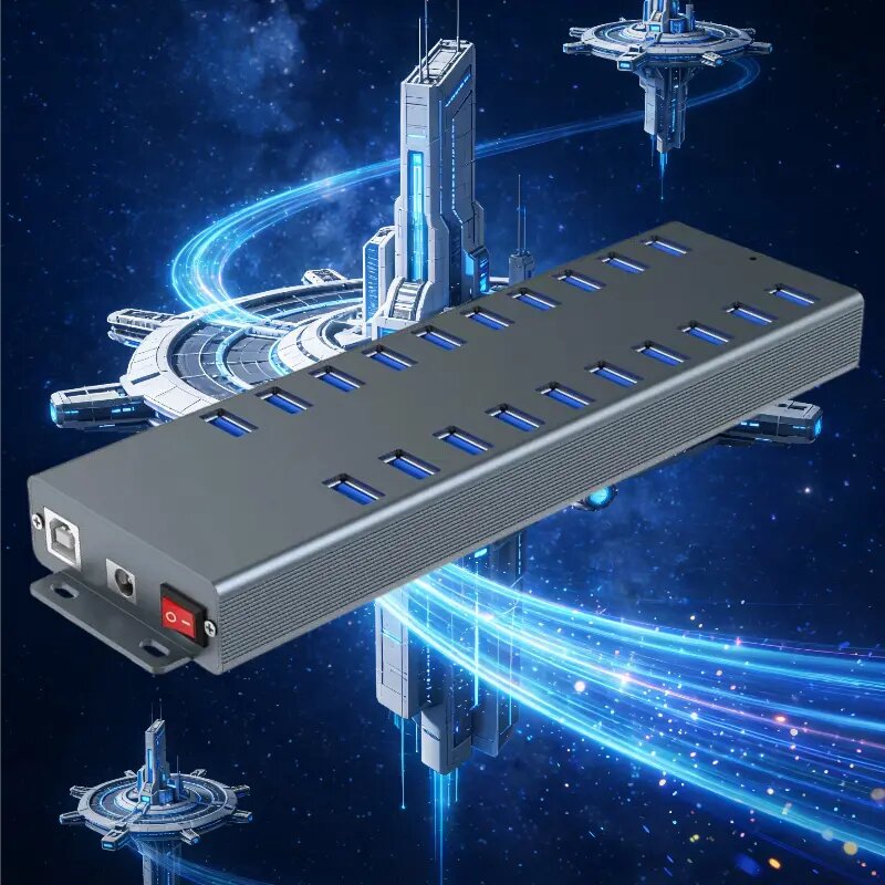 USB-разветвитель 10-в-1, 20 портов, с адаптером питания, алюминиевый корпус, серый